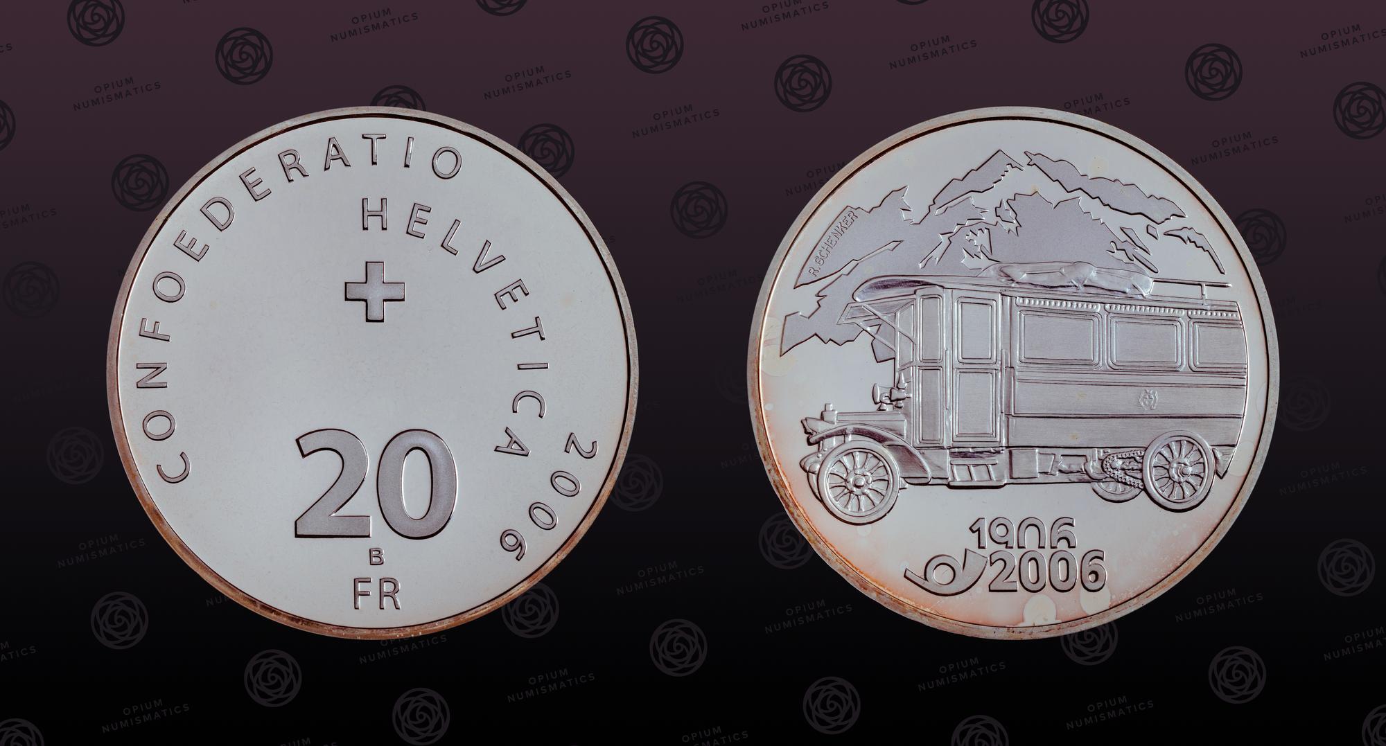SWITZERLAND, KM# 115, Silver, 20 Francs, 2006, Proof, 1906 Post Bus ...