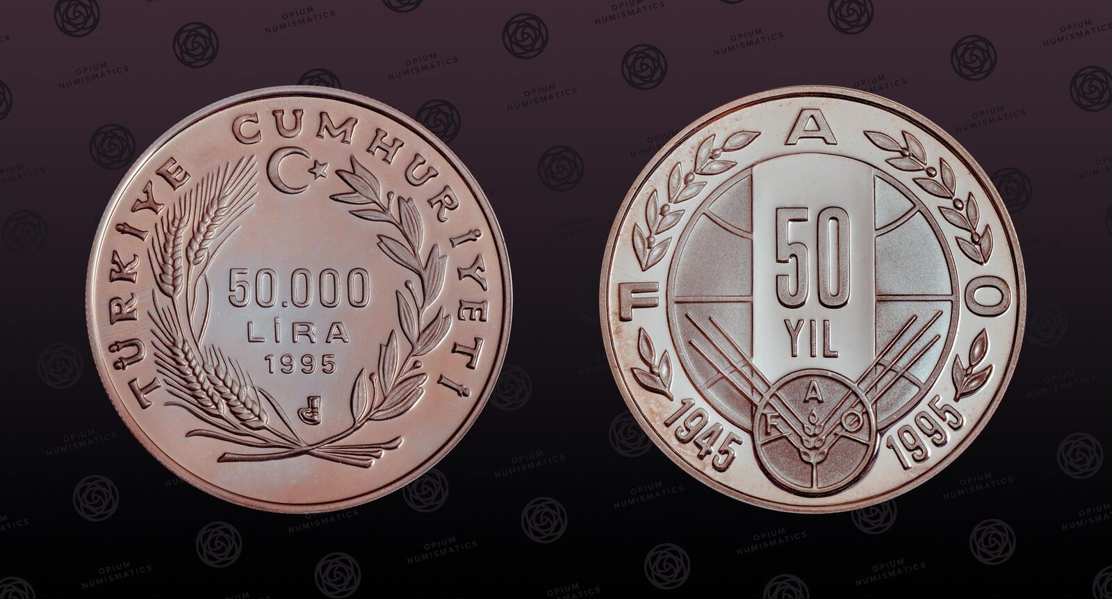 TURKEY, KM# 1040, Silver, 50000 Lira, 1995, Proof, F.A.O. - 50th ...