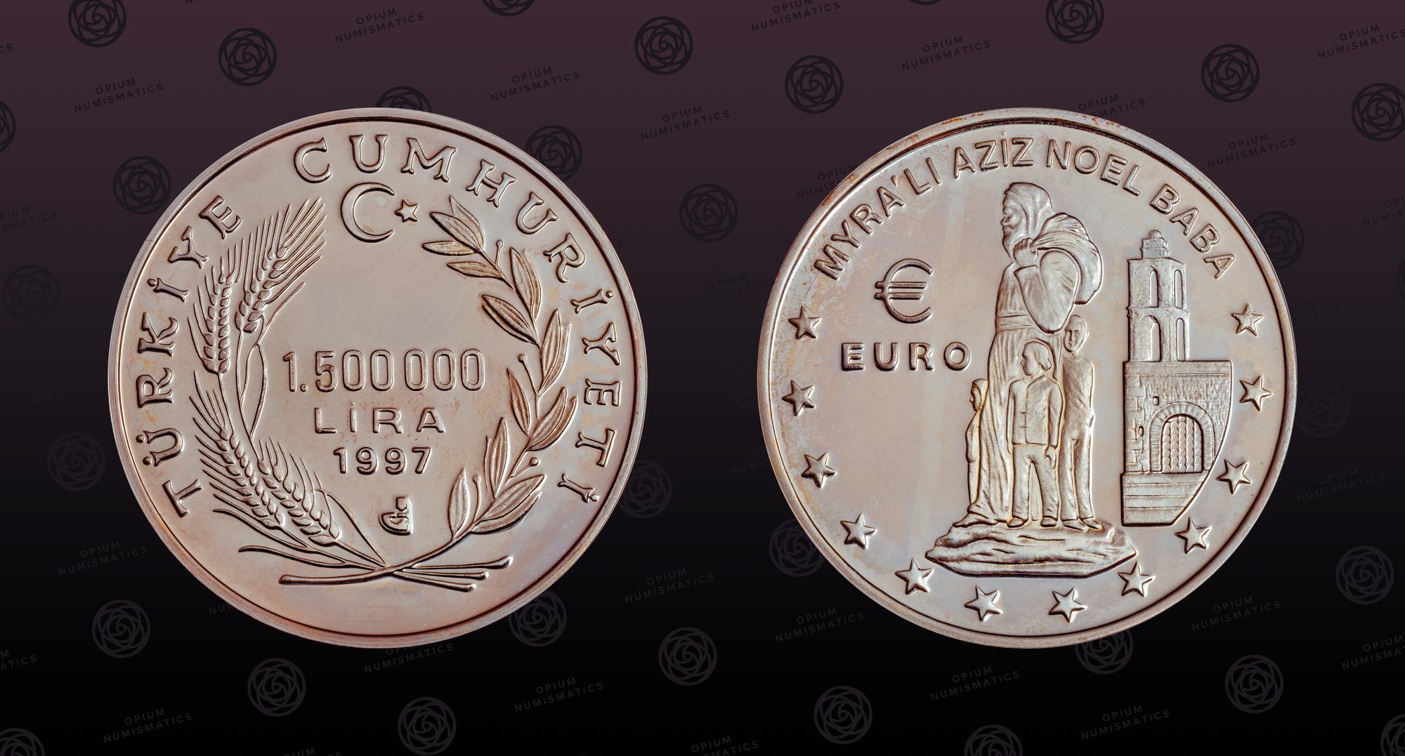 TURKEY, KM# 1100, Silver, 1500000 Lira, 1997, Proof, Myra'li Aziz Noel ...