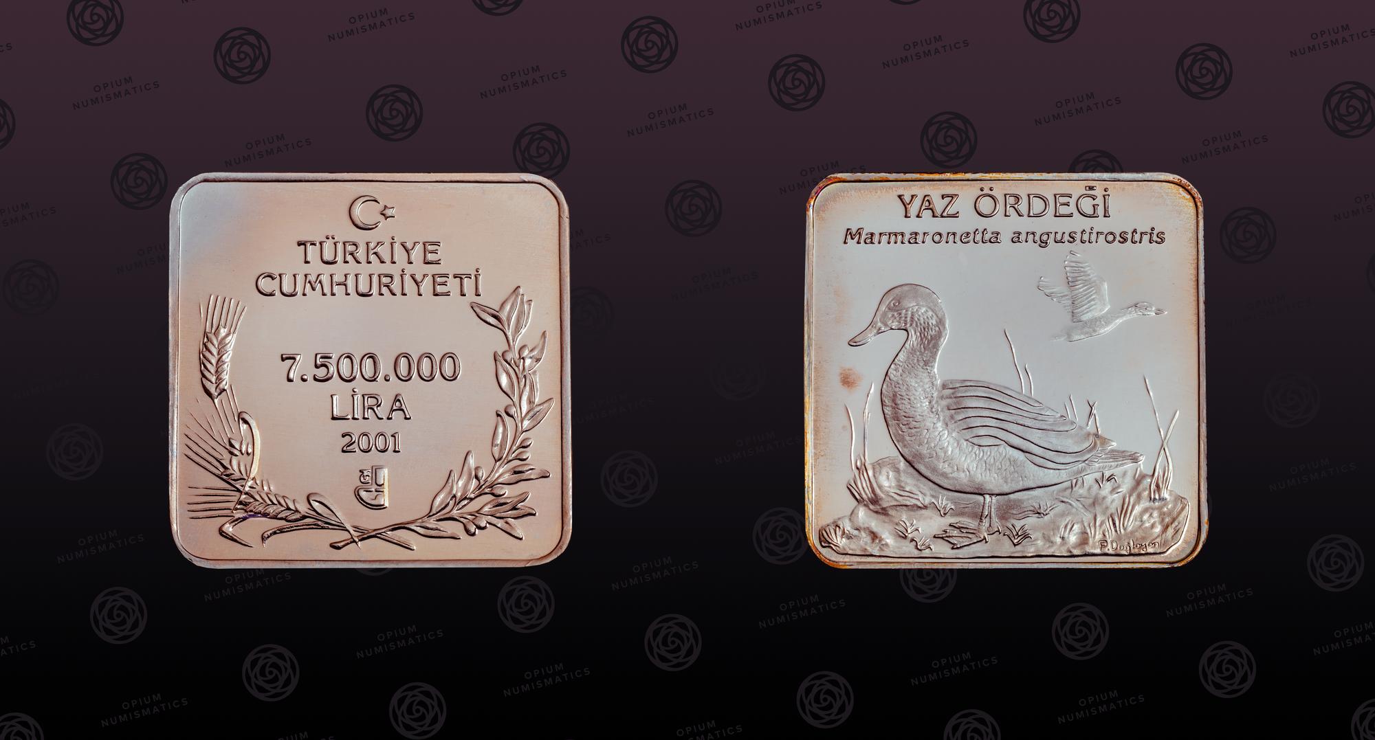 TURKEY, KM# 1122, Silver, 7500000 Lira, 2001, Proof, Bird Series - Yaz ...