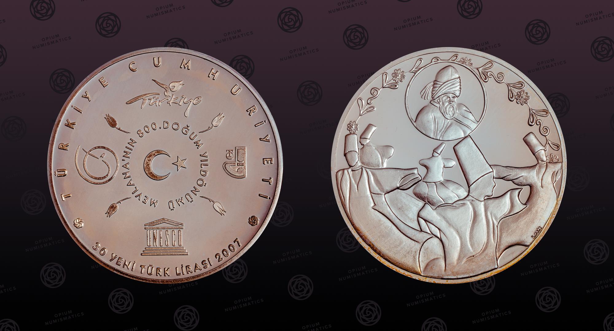 TURKEY, KM# 1206, Silver, 30 New Lira, 2007, Proof, Twirling Dirvishes ...