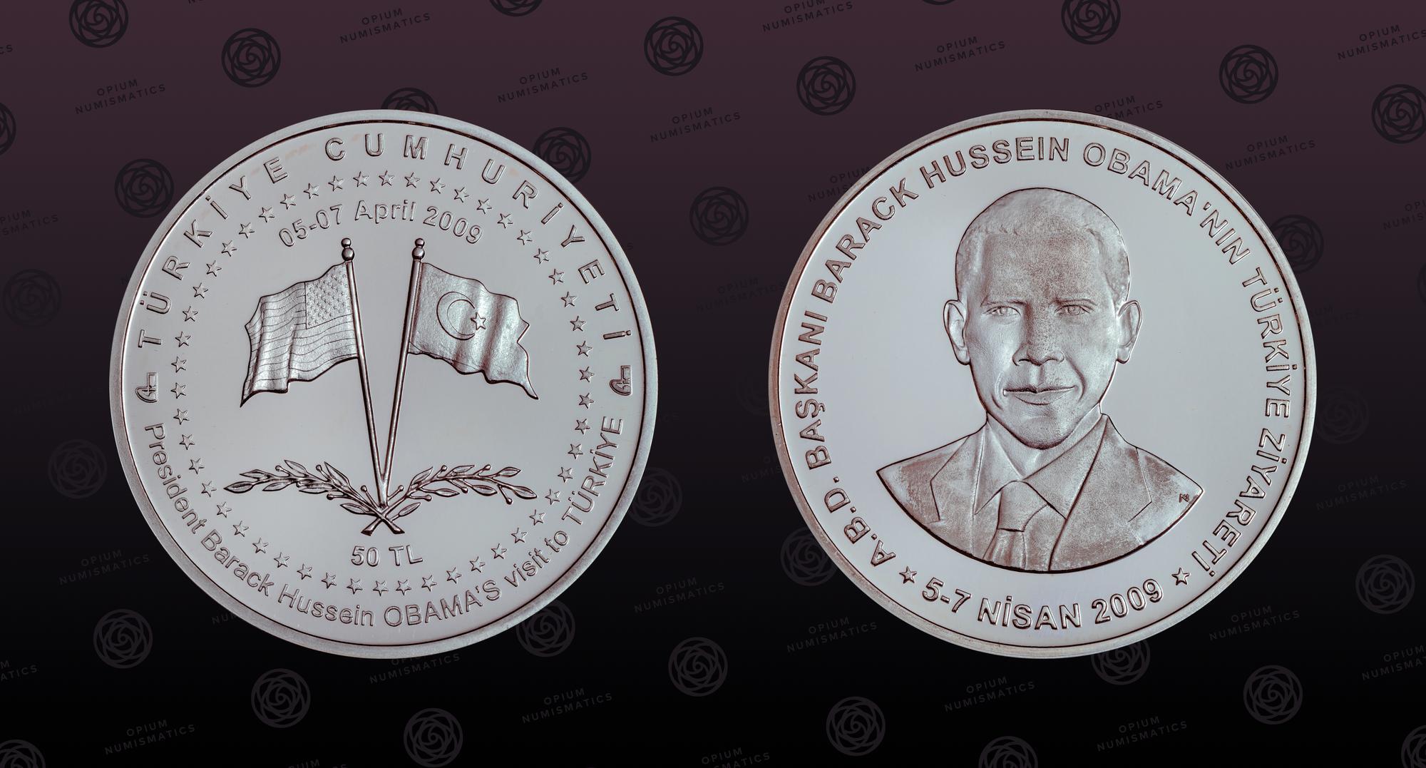 TURKEY, KM# 1245, Silver, 50 Lira, 2009, Proof, President Barak Obama ...