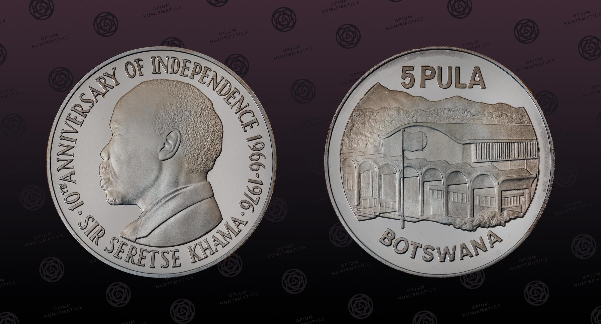 BOTSWANA, KM# 9a, Silver, 5 Pula, 1976, Proof, 10th Anniversary of ...