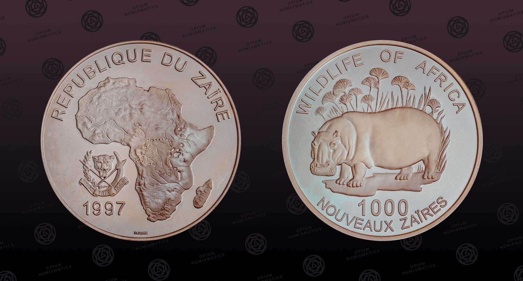 ZAIRE, KM# 23, Silver, 1000 Nouveaux Zaires, 1997, Proof, Wildlife of ...