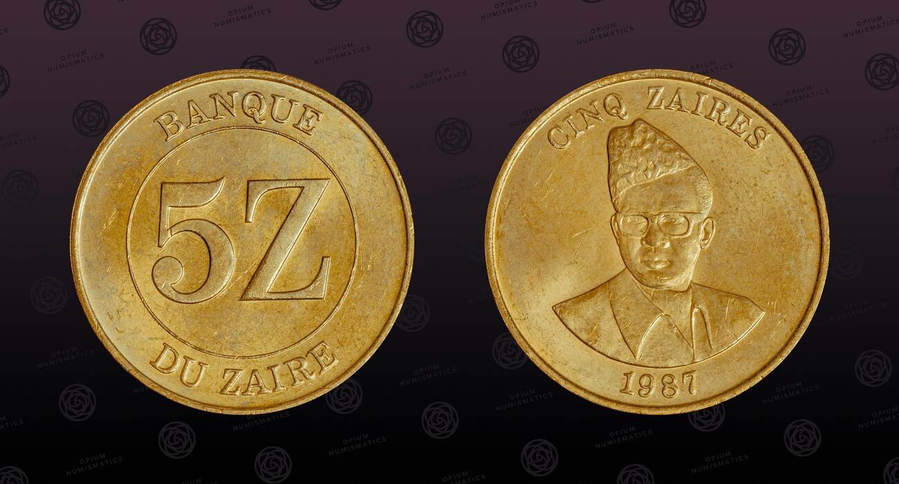 ZAIRE, KM# 14, Brass, 5 Zaires, 1987, Mint Strike, Mobutu. Coin in ...