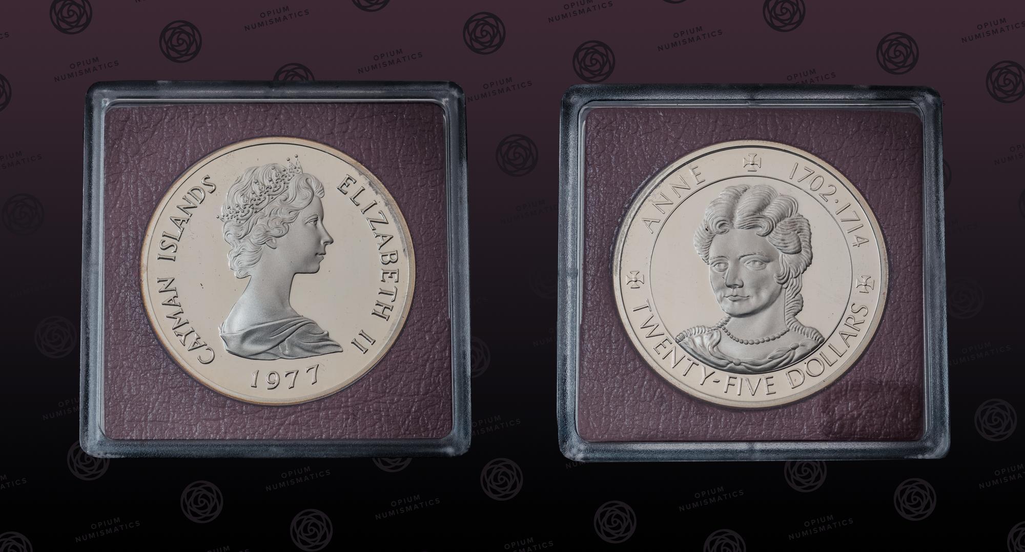 CAYMAN ISLANDS, KM# 19, Silver, 25 Dollars, 1977, Proof, Queen Anne ...