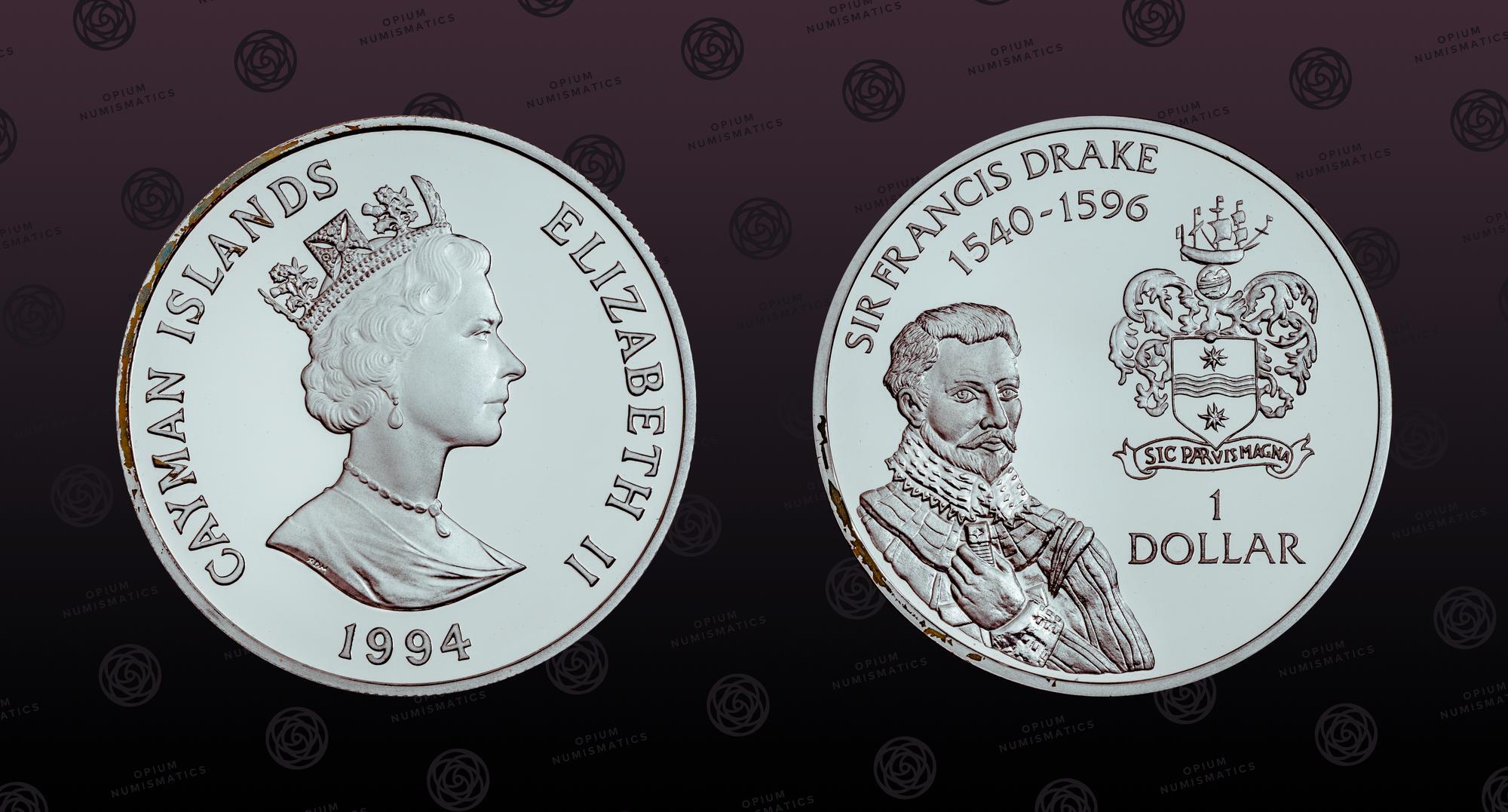 CAYMAN ISLANDS, KM# 121, Silver, 1 Dollar, 1994, Proof, Sir Francis ...