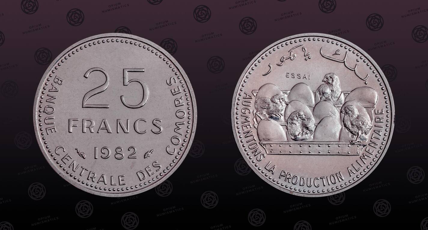 COMOROS, KM E8, Nickel, 25 Francs, 1982, Specimen, Essai. F.A.O. NGC grade these Essai coins as ...