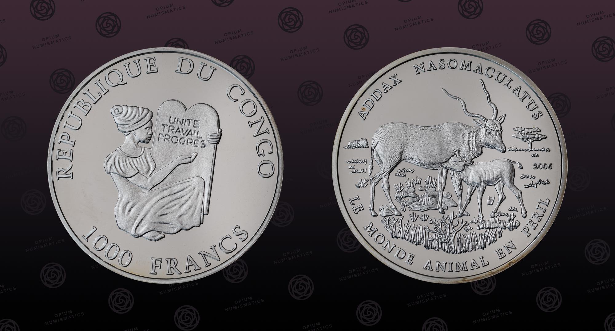 CONGO REPUBLIC, Unlisted, Silver, 1000 Francs, 2006, Proof, Addax ...
