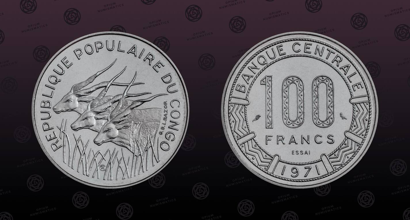 CONGO REPUBLIC, KM E1, Nickel, 100 Francs, 1971, Specimen, Scarce Essai ...