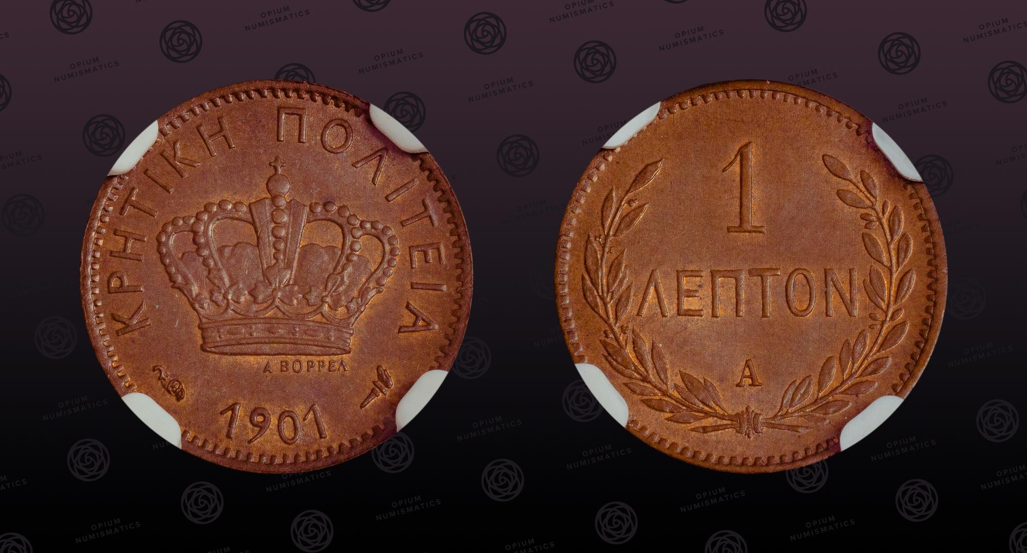 CRETE, KM# 1.2, Bronze, 1 Lepton, 1901A, Mint Strike, Scarce in so high ...