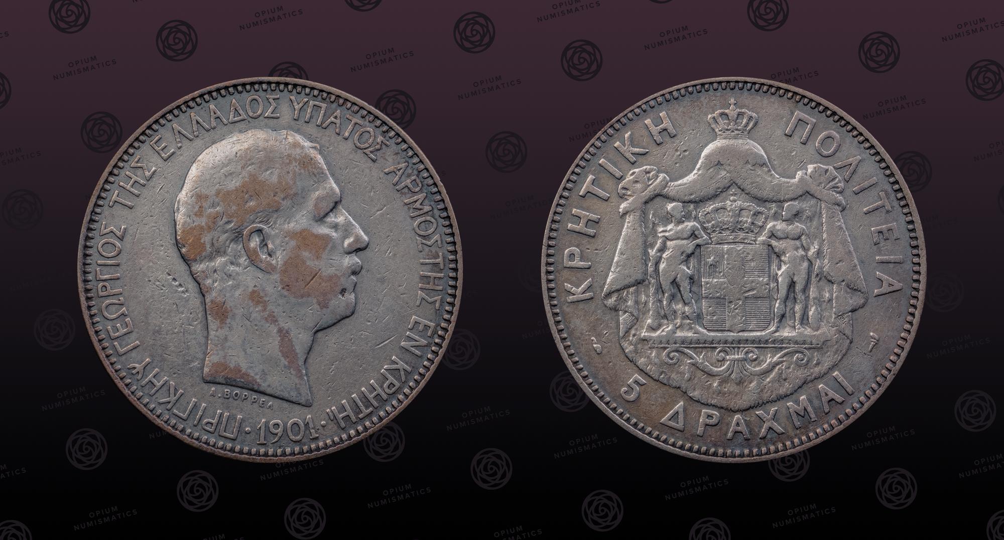 CRETE, KM# 9, Silver, 5 Drachmai, 1901A, Mint Strike, Prince George on ...