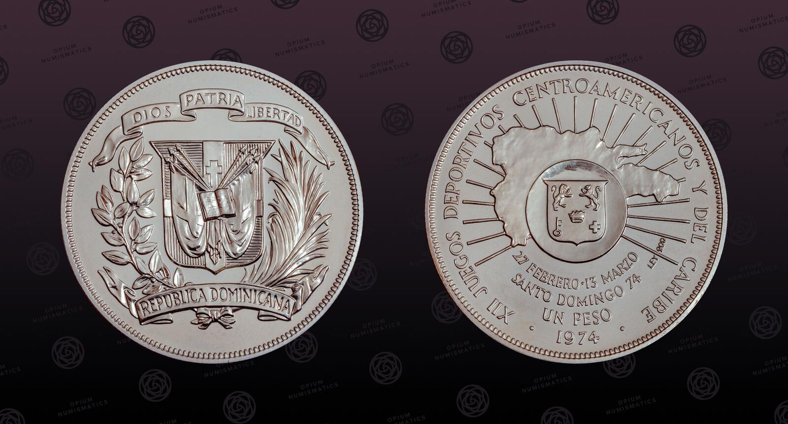 DOMINICAN REPUBLIC, KM# 35, Silver, 1 Peso, 1974, Proof, 12th Central ...