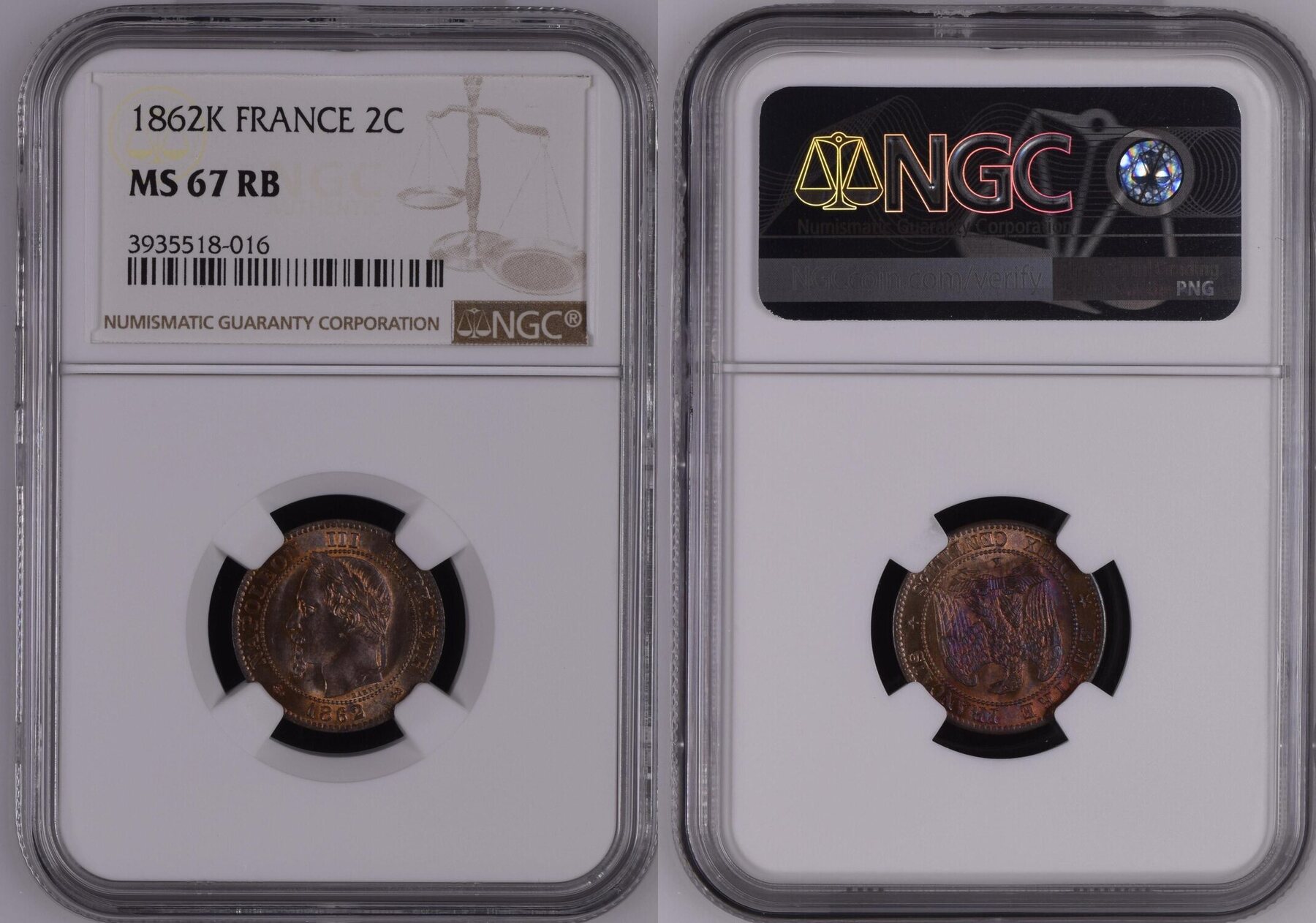 FRANCE 2C 1862 K Napoleon III (1852-1870) NGC MS 67 RB Top Population ...