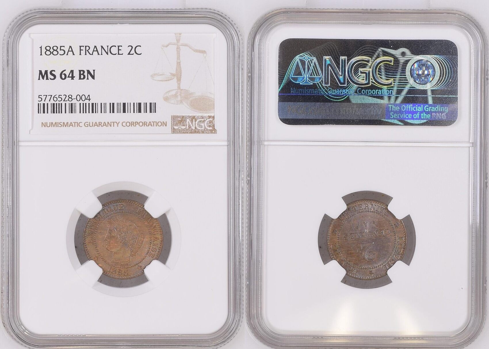 FRANCE 2C 1885 A Third Republic (1871-1940) NGC MS 64 BN | MA-Shops