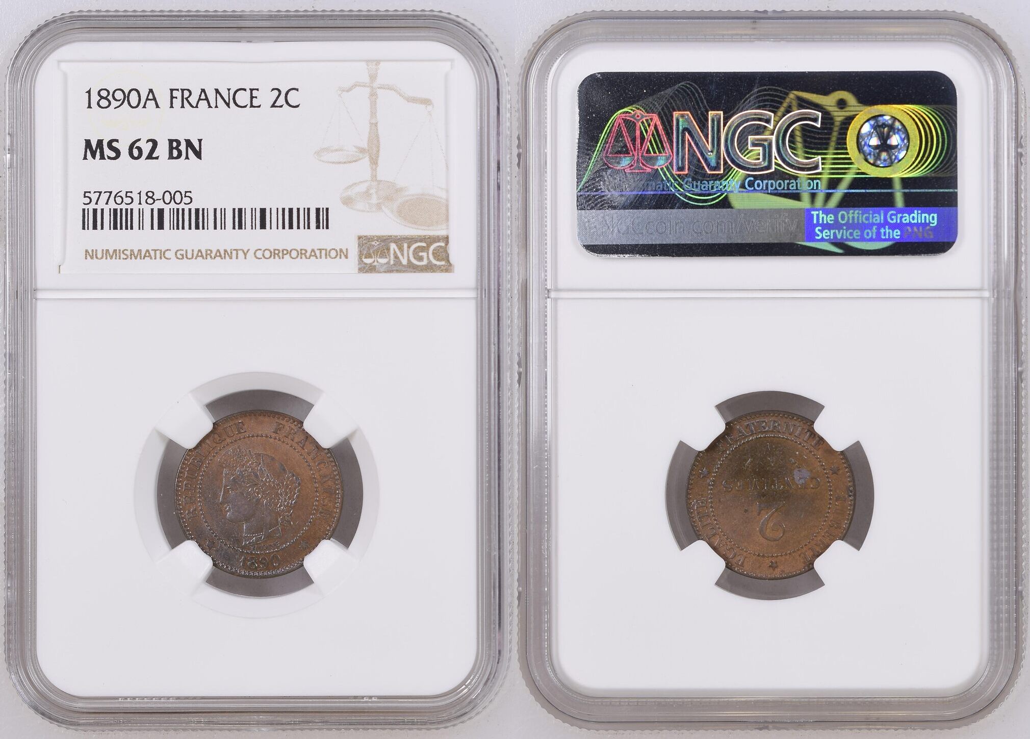 FRANCE 2C 1890 A Third Republic (1871-1940) NGC MS 62 BN Top Population ...