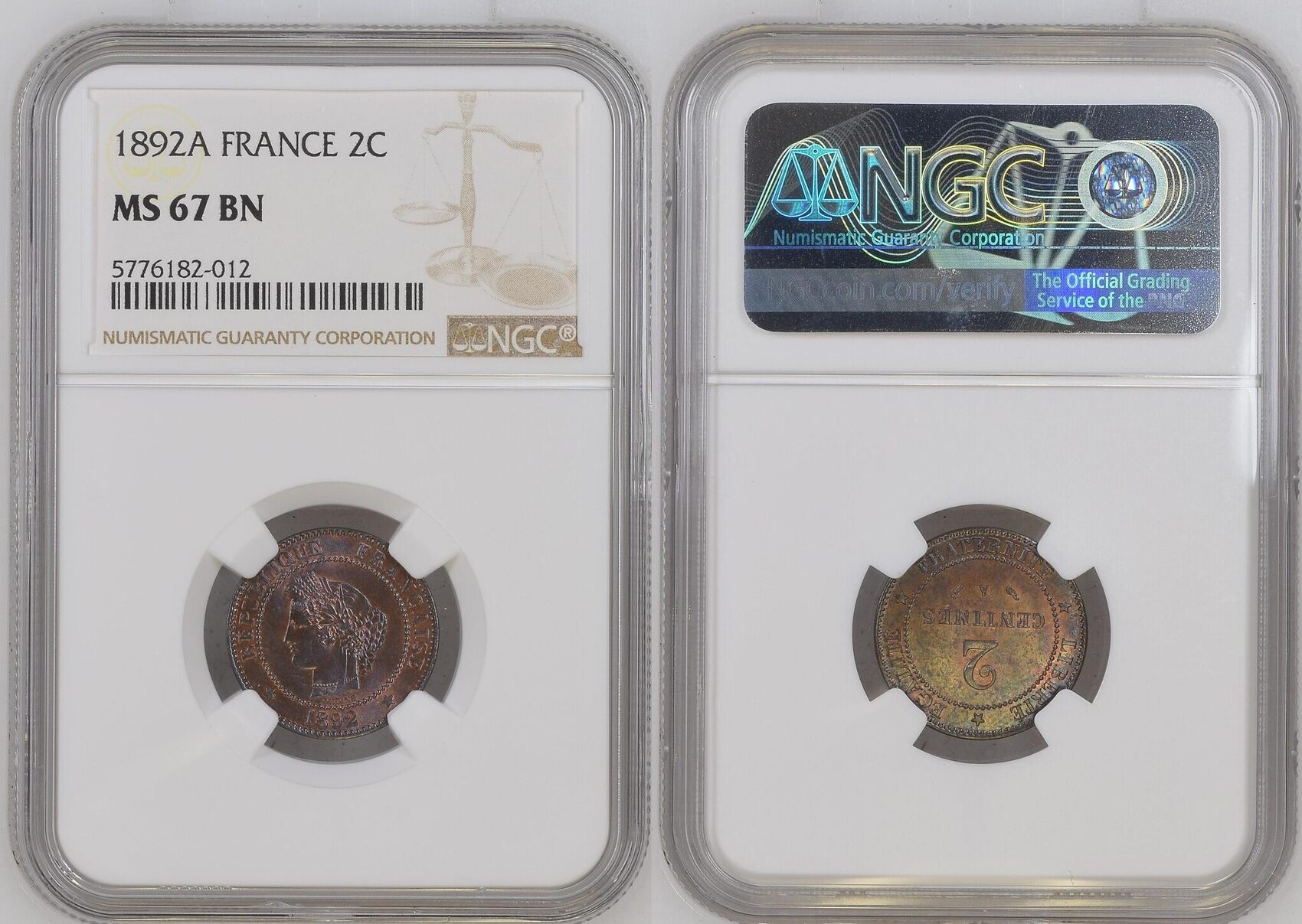 FRANCE 2C 1892 A Third Republic (1871-1940) NGC MS 67 BN Top Population ...