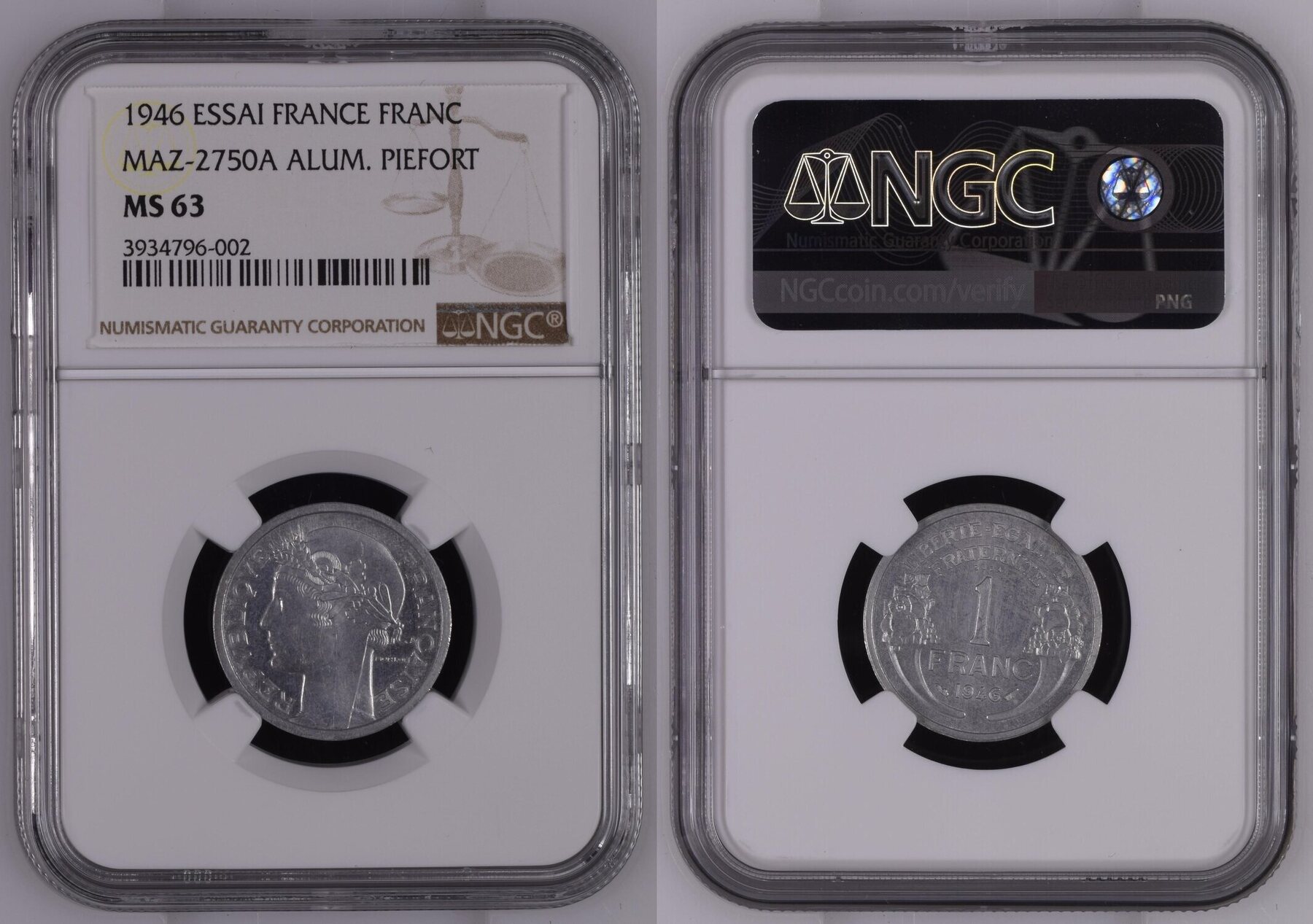 FRANCE 1 FRANC 1946 ESSAI PIEFORT Fifth Republic - Only 104 Pcs NGC MS 63 | MA-Shops