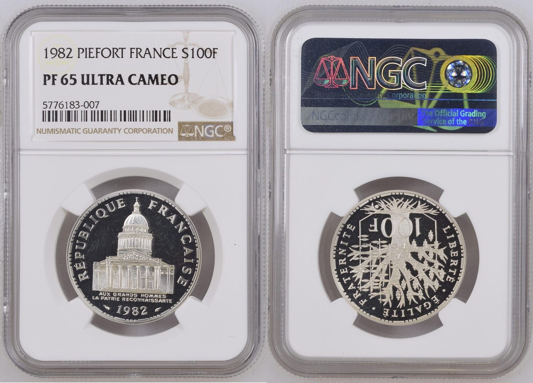 FRANCE 100 Francs 1982 PIEFORT Fifth Republic - With Box & COA NGC PF ...