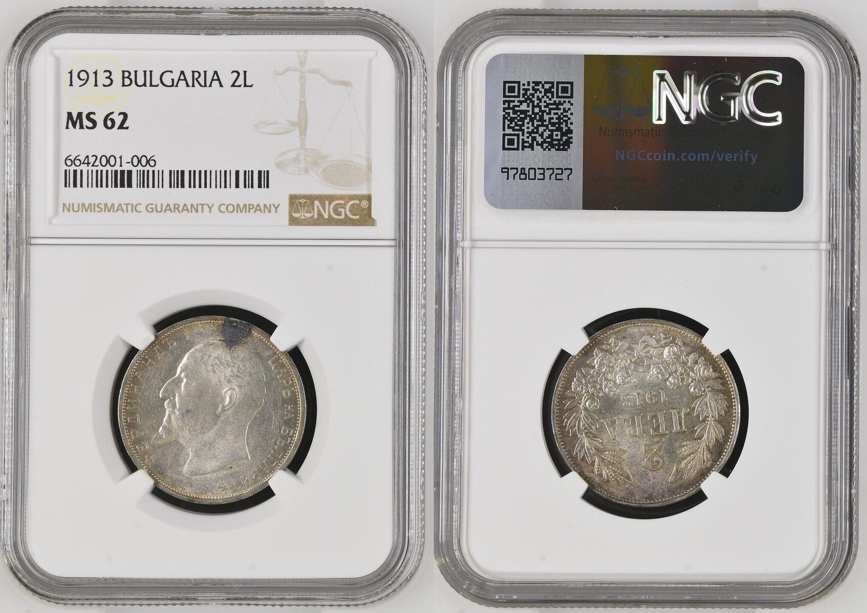 BULGARIA 2 Leva 1913 Ferdinand I (1887-1918) NGC MS 62 | MA-Shops