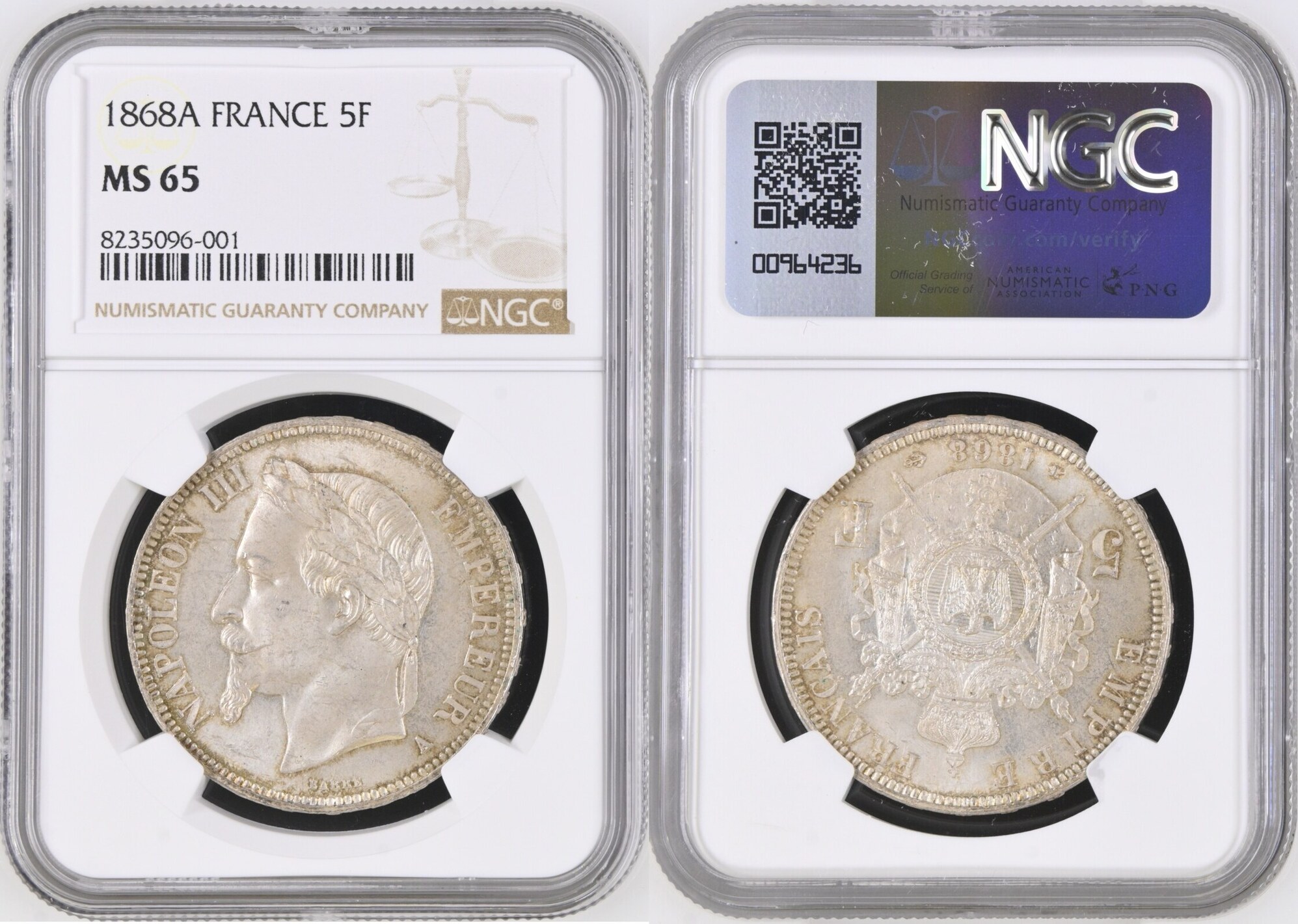 FRANCE 5 Francs 1868A Napoleon III (1852-1870) - Paris mint NGC MS 65 ...
