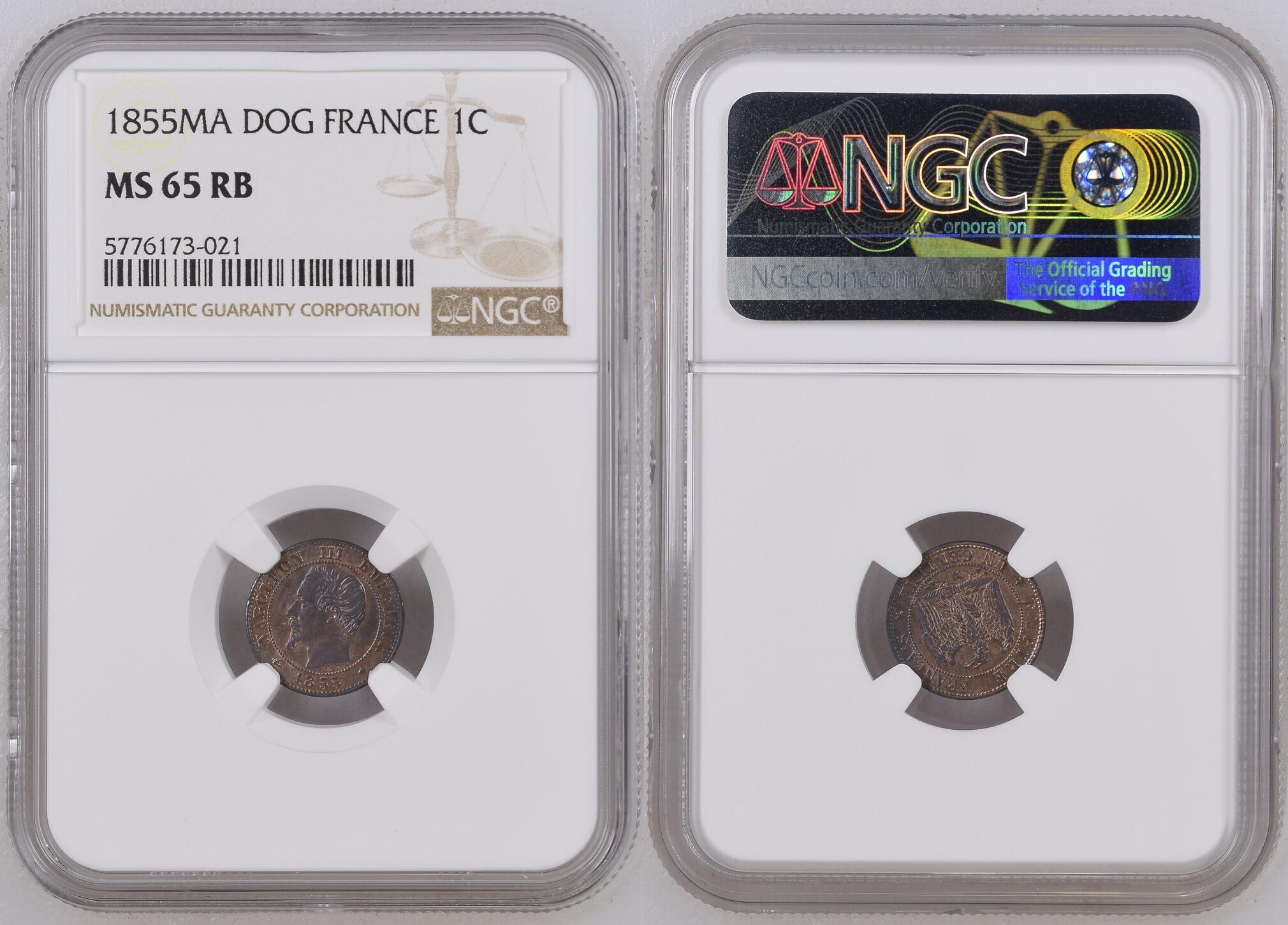 FRANCE 1C 1855 MA DOG Napoleon III (1852-1870) NGC MS 65 RB Top ...