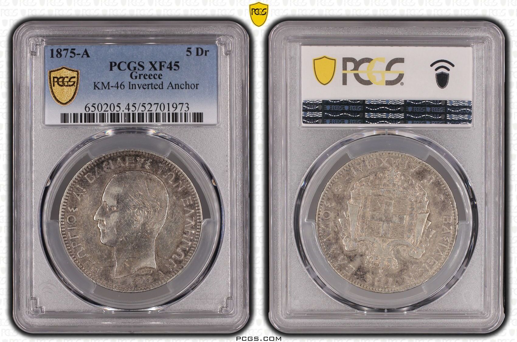 Greece 5 Drachmai 1875 Inverted anchor GRIECHENLAND. Georg I., 1863 ...