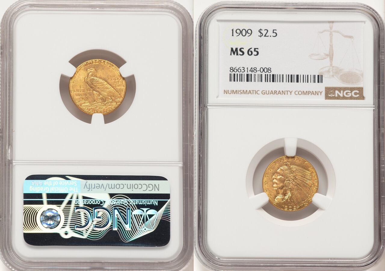 US $2 1/2 1909 Indian $2.5 NGC MS65 | MA-Shops
