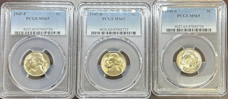 US Jefferson Nickel 3pc Set 1945-P/D/S Jefferson Nickel PCGS MS65 | MA-Shops