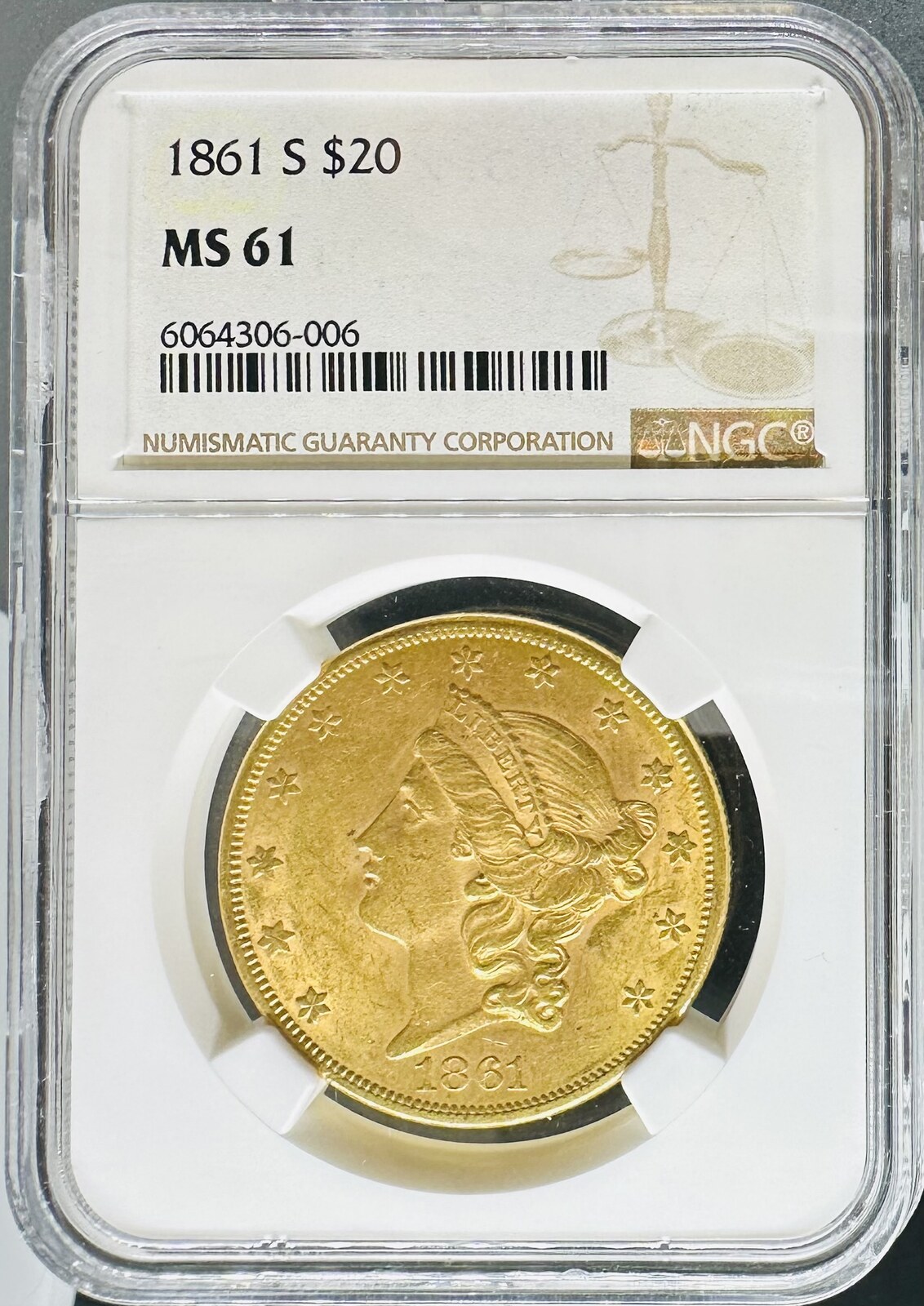 US $20 Liberty 1861-S Liberty Head $20 NGC MS61 | MA-Shops