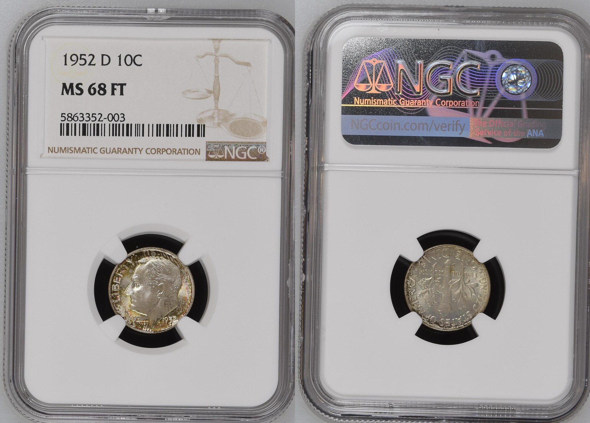 US 10C 1952-D Roosevelt Dime NGC MS68 | MA-Shops