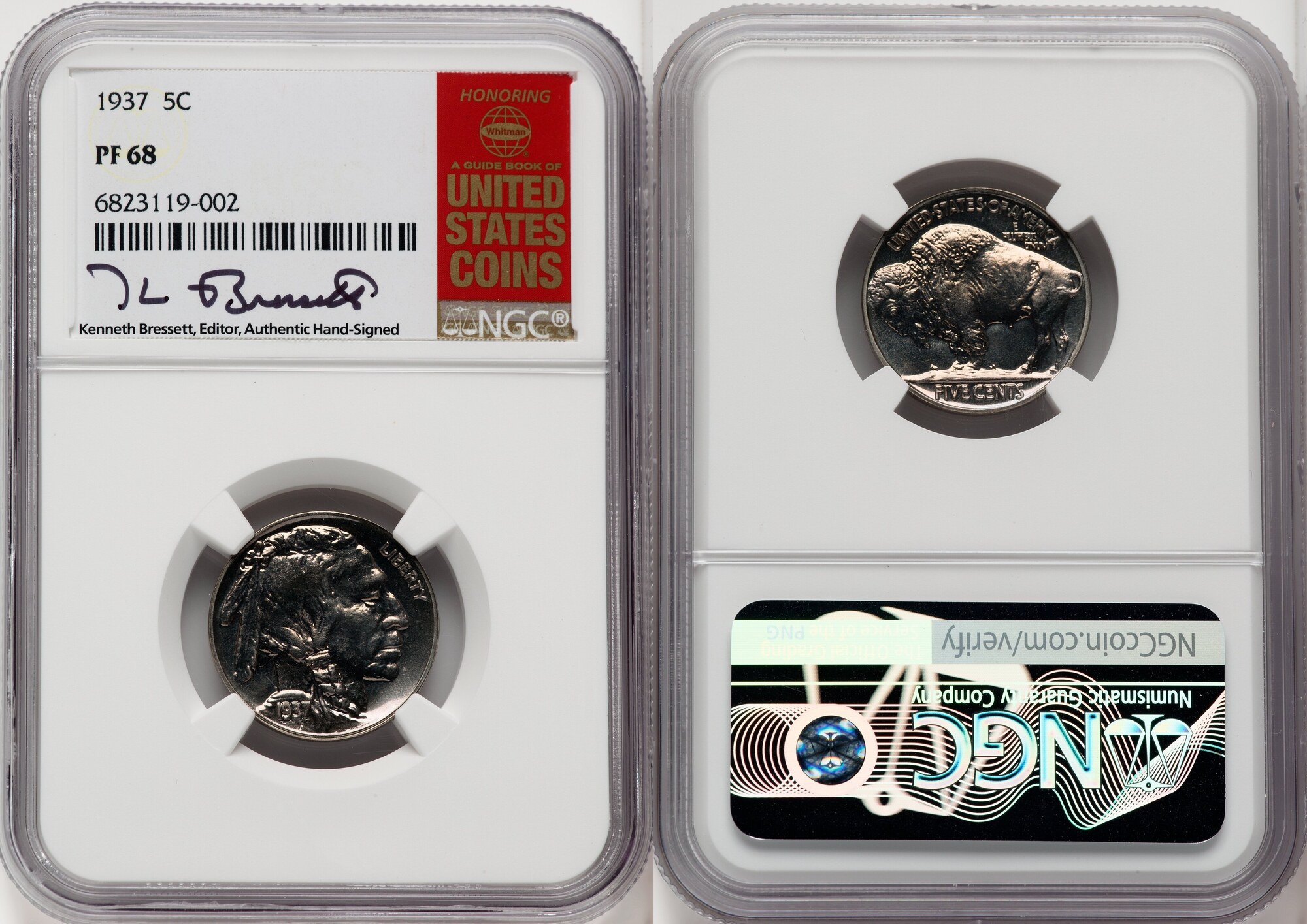 US 5C Kenneth Bressett Red Book 1937 Buffalo Nickel NGC PR68 | MA-Shops