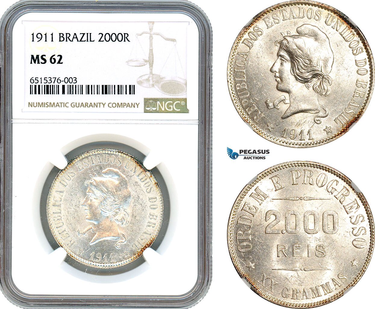 Brazil 2000 Reis 1911 NGC MS62 | MA-Shops