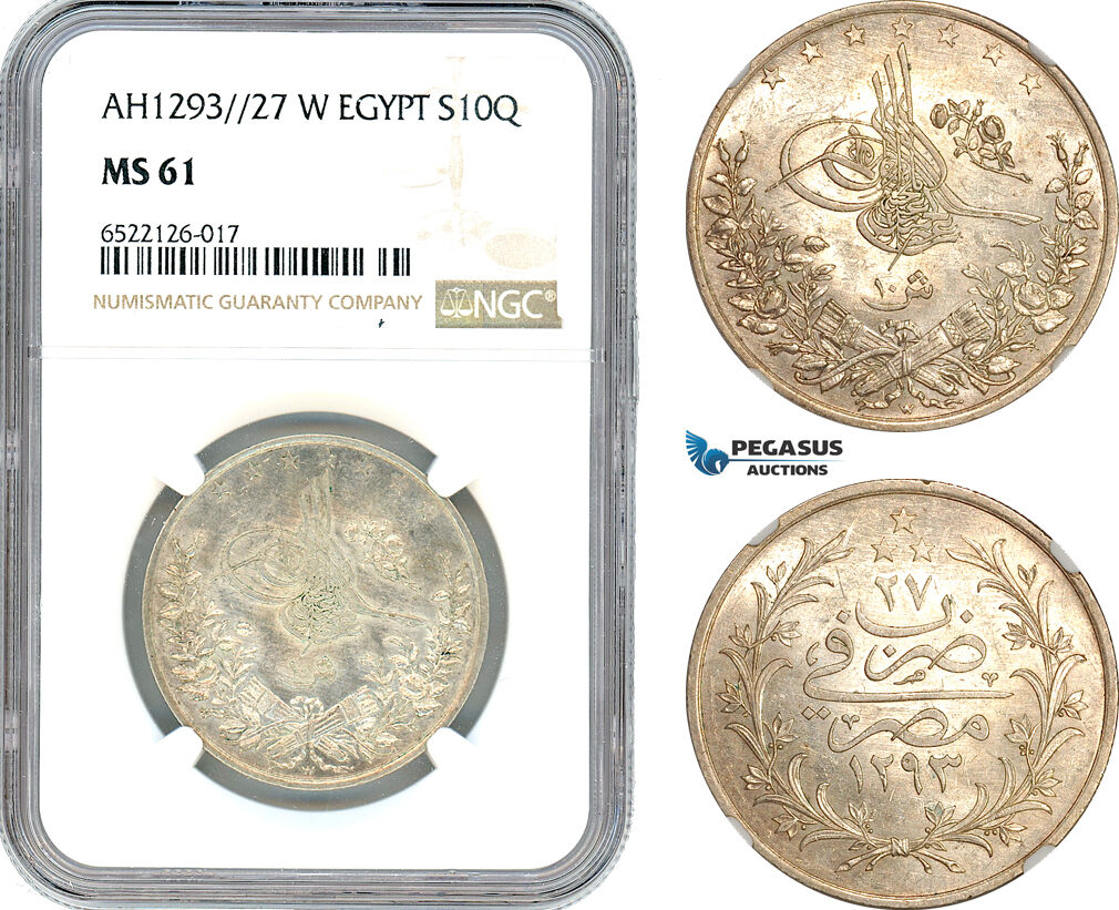 Ottoman Empire, Egypt 10 Qirsh AH1293 // 27 NGC MS61 | MA-Shops