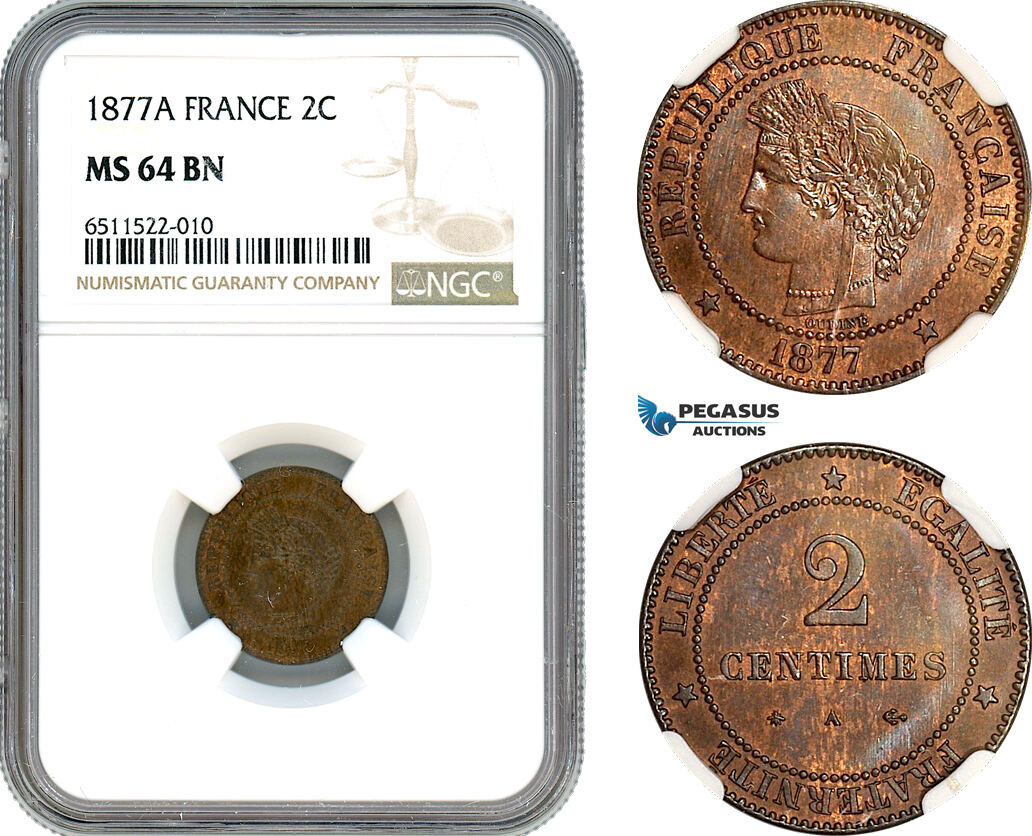 France 2 Centimes 1877 NGC MS64BN | MA-Shops