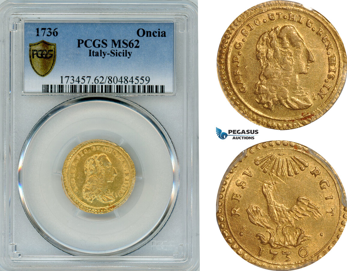 Italy, Sicily Oncia 1736 Carlo III, Palermo PCGS MS62 | MA-Shops