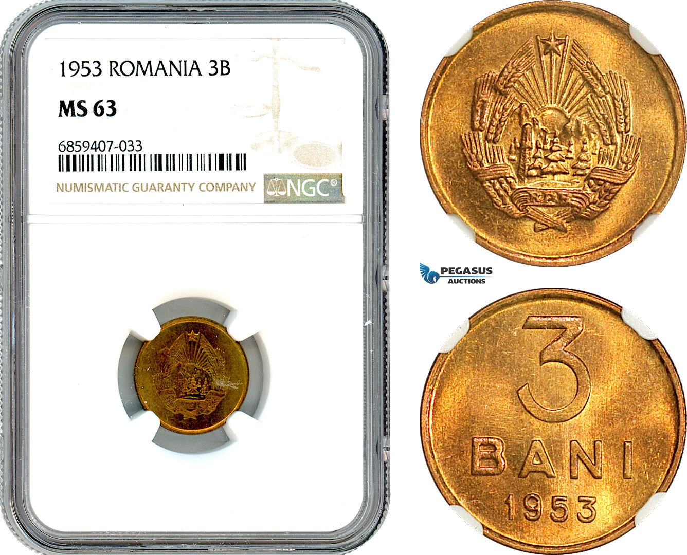 Romania 3 Bani 1953 NGC MS63 | MA-Shops