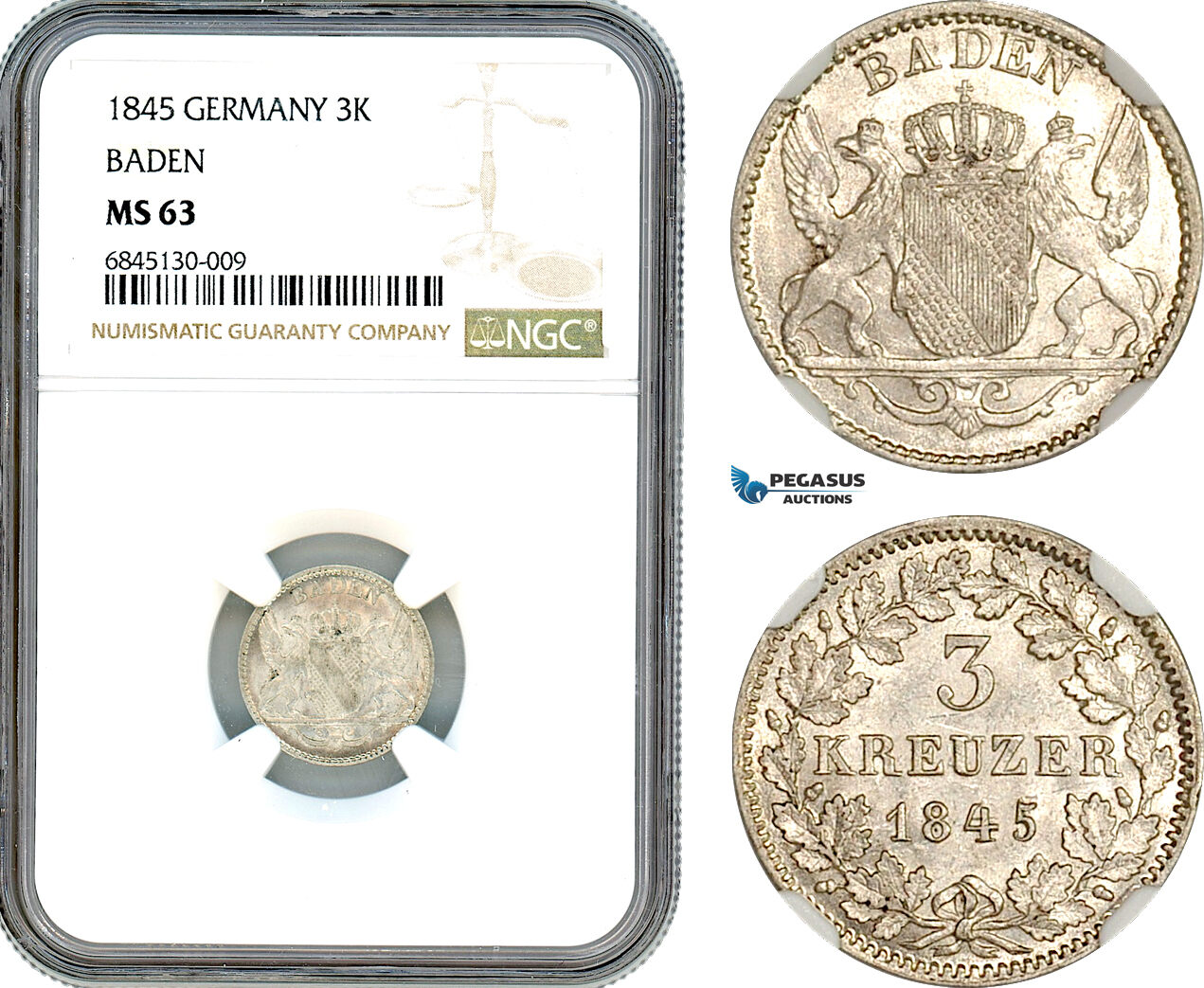 Germany, Baden 3 Kreuzer 1845 NGC MS63 | MA-Shops
