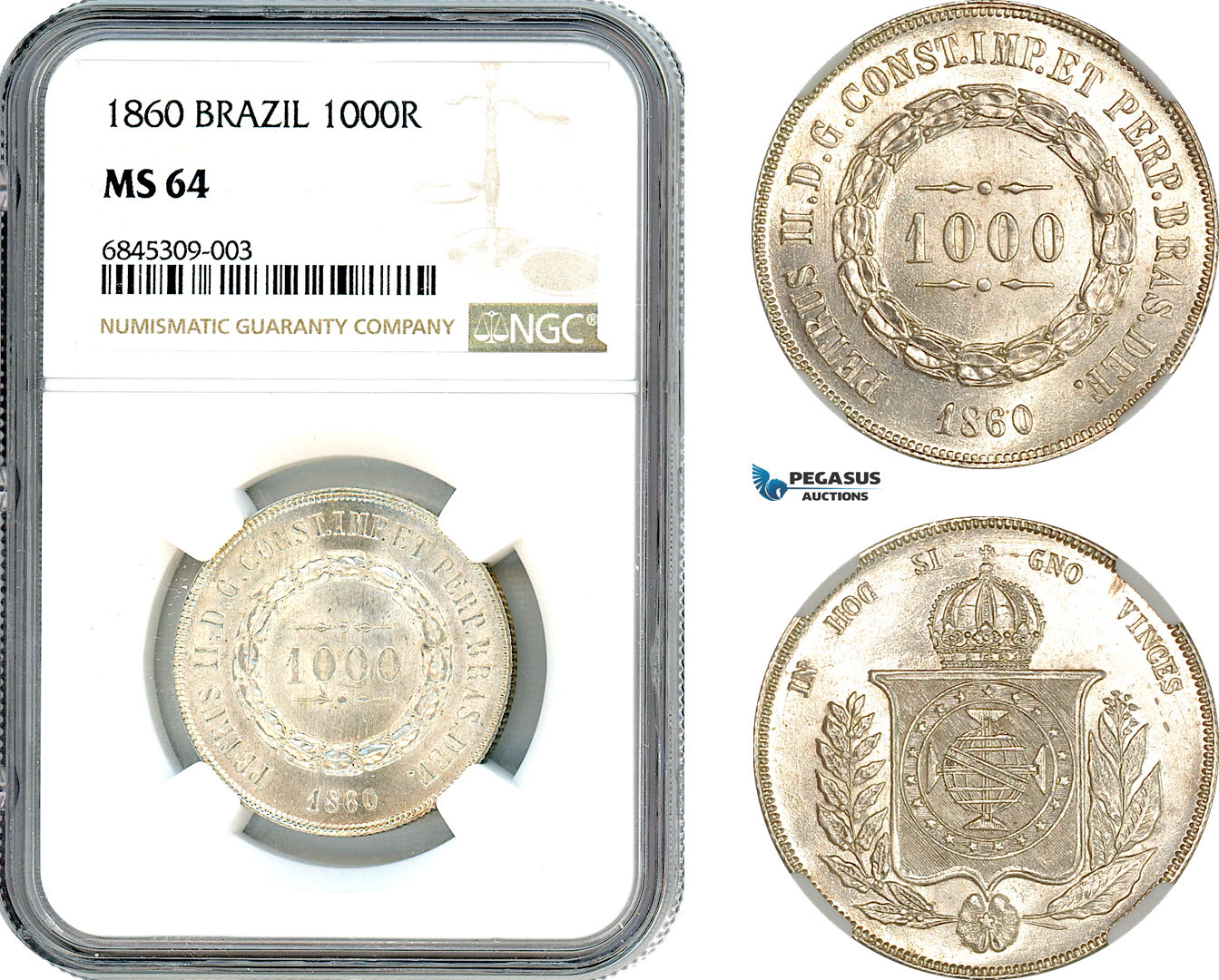 Brazil 1000 Reis 1860 NGC MS64 | MA-Shops