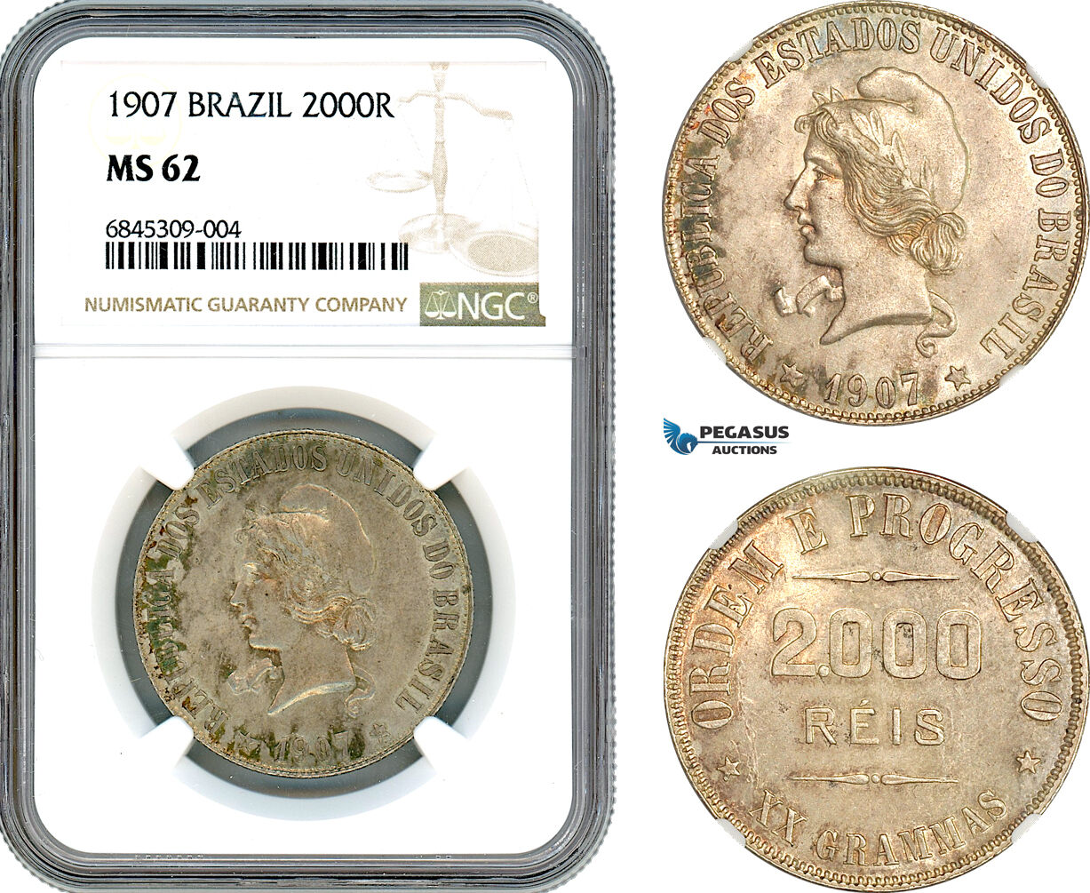 Brazil 2000 Reis 1907 NGC MS62 | MA-Shops