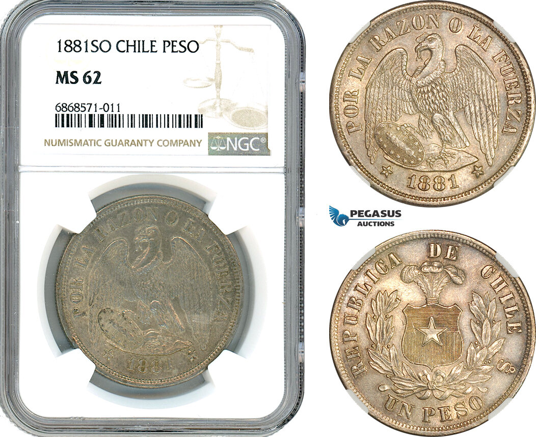 Chile 1 Peso 1881 NGC MS62 | MA-Shops
