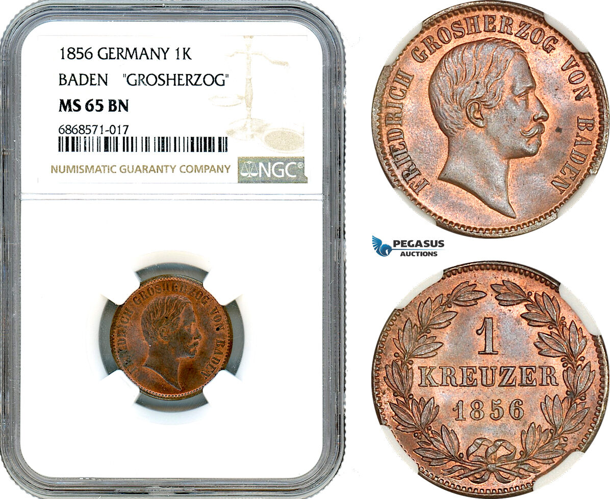 Germany, Baden 1 Kreuzer 1856 NGC MS65BN | MA-Shops