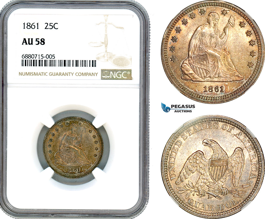 United States Seated Liberty Quarter (25c) 1861 NGC AU58 | MA-Shops