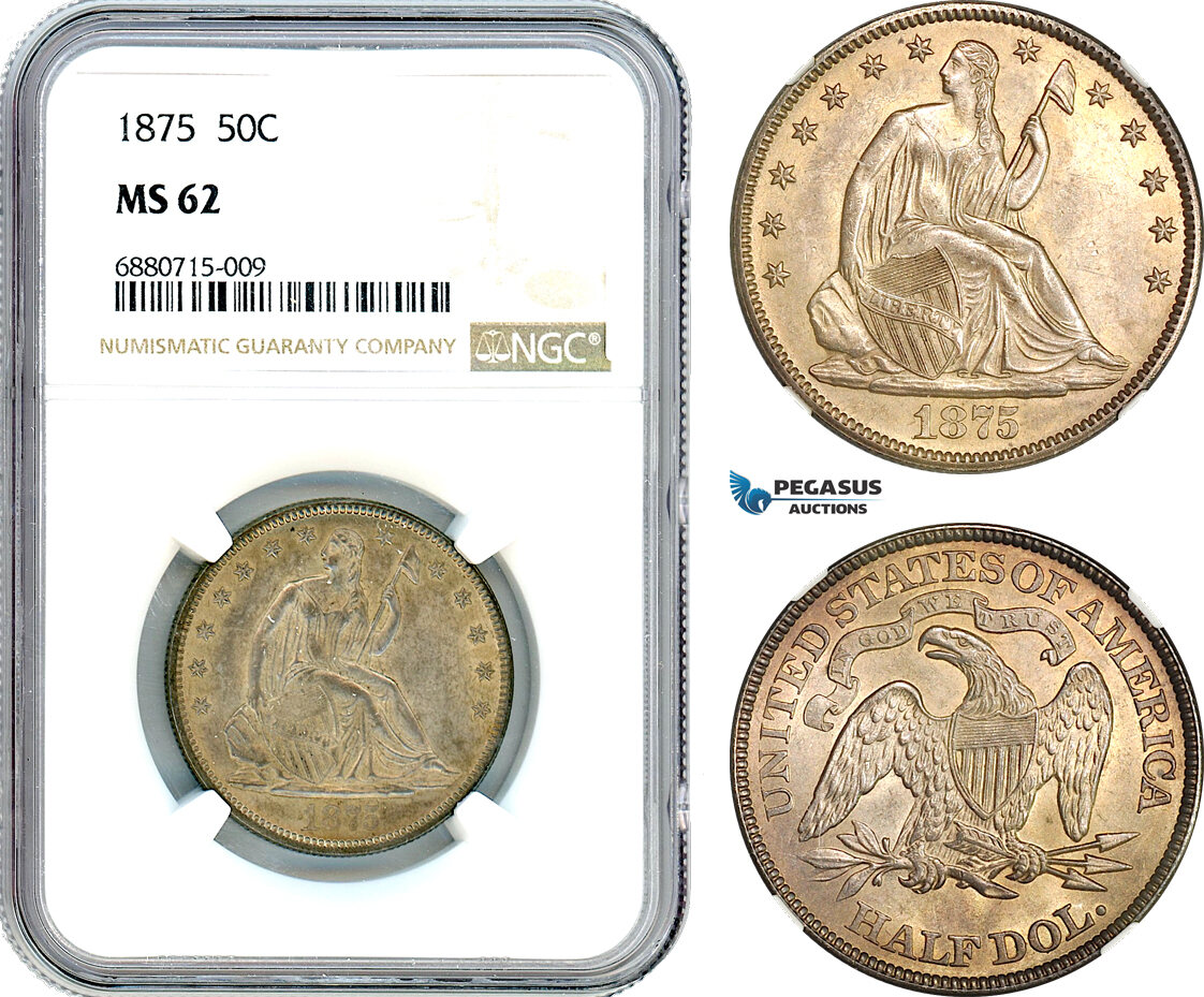 United States Seated Liberty Half Dollar (50c) 1875 NGC MS62 | MA-Shops
