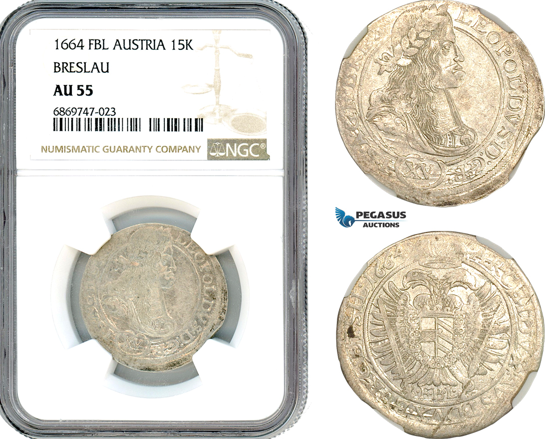 Austria 15 Kreuzer 1664 Glatz, Very Rare! NGC AU55 | MA-Shops