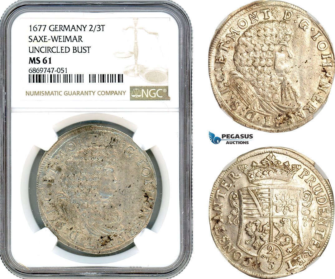 Germany 2/3 Taler 1677 Saxe-Weimar, NGC MS61, Top Pop! Single finest ...