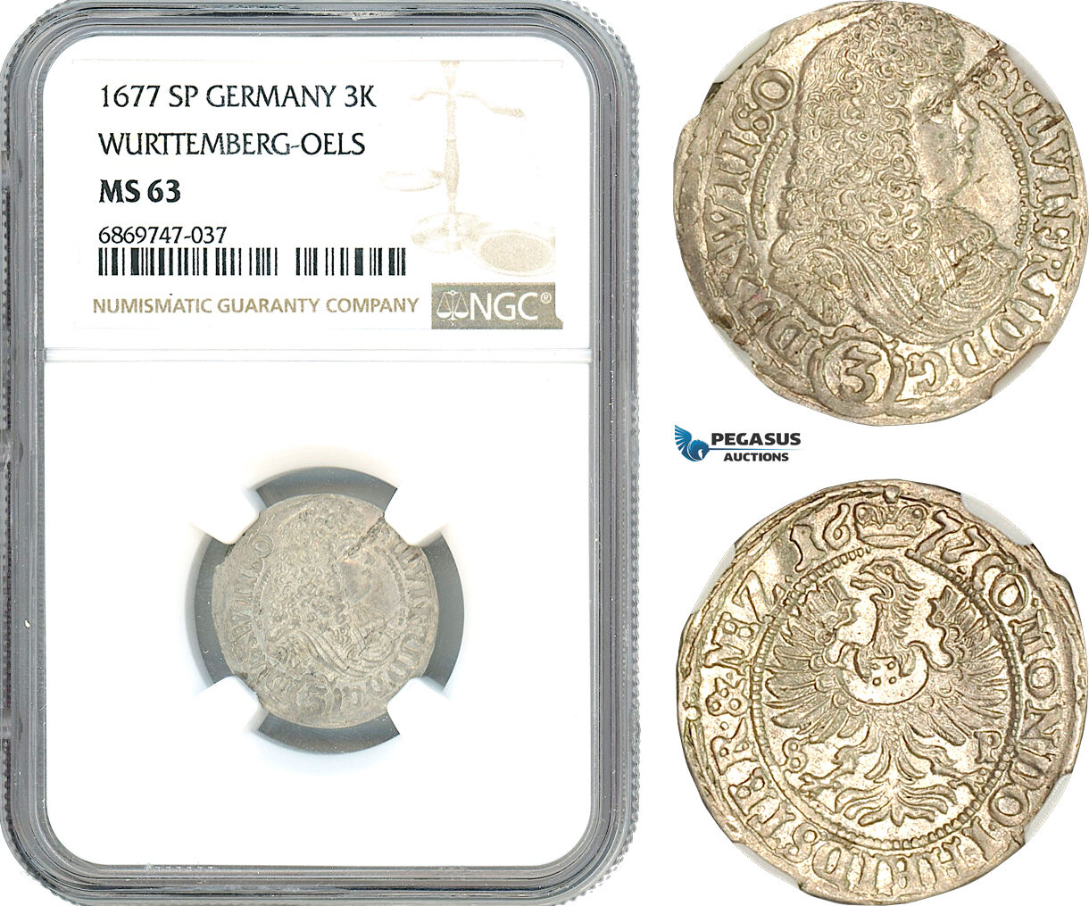 Germany 3 Kreuzer 1677 Württemberg-Ols NGC MS63 | MA-Shops