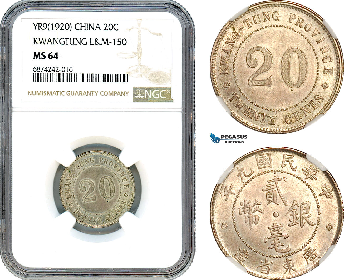 China, Kwangtung 20 Cents Yr. 9 (1920) NGC MS64 | MA-Shops