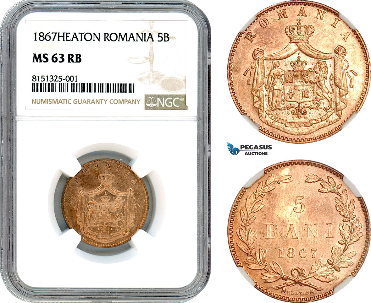 Romania 5 Bani 1867 NGC MS63RB | MA-Shops