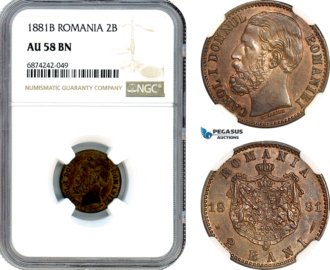 Romania 2 Bani, Rare 1881 NGC AU58BN | MA-Shops